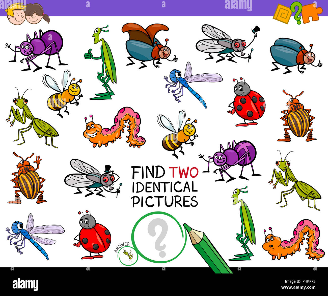 find two identical cartoon insects game for kids Stock Photo - Alamy