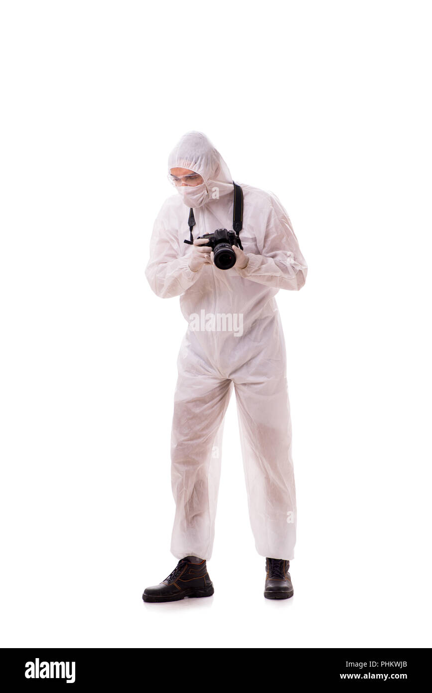 Forensic specialist in protective suit taking photos on white Stock ...