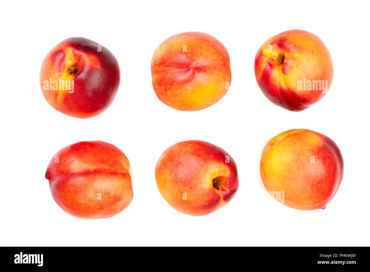 ripe nectarine with leaves isolated on white background. Top view. Flat ...