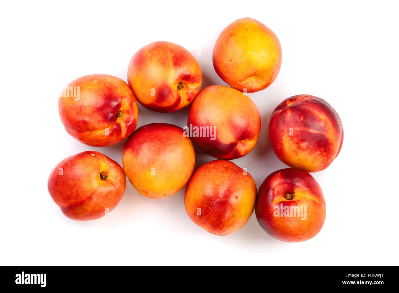 ripe nectarine with leaves isolated on white background. Top view. Flat ...