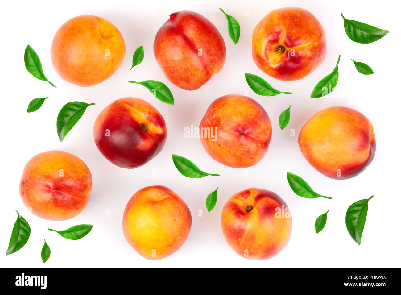 ripe nectarine with leaves isolated on white background. Top view. Flat ...