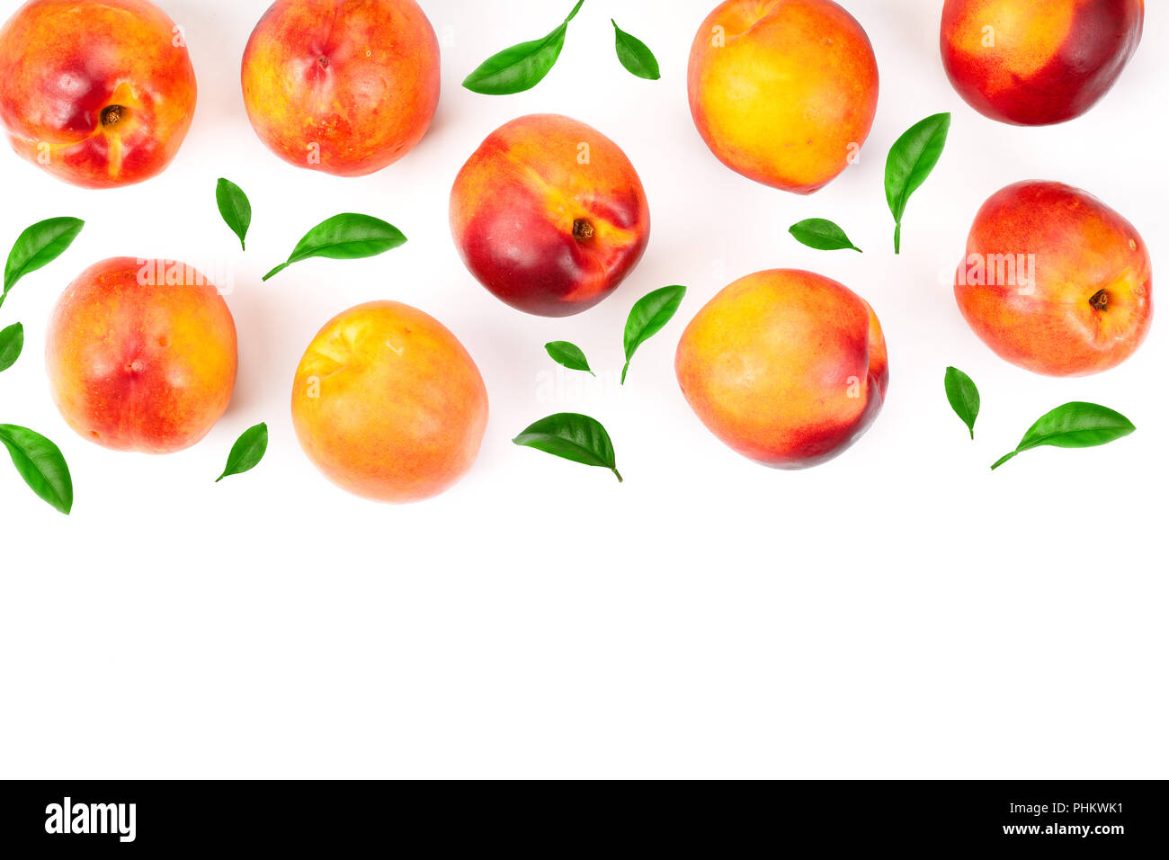 ripe nectarine with leaves isolated on white background. Top view. Flat ...