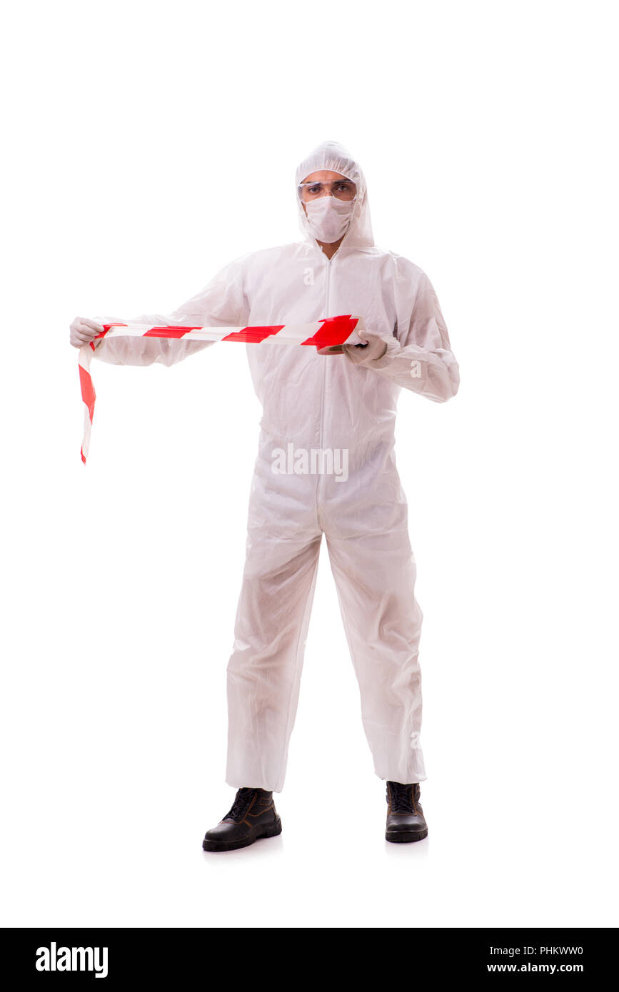 Forensic specialist in protective suit isolated on white Stock Photo ...