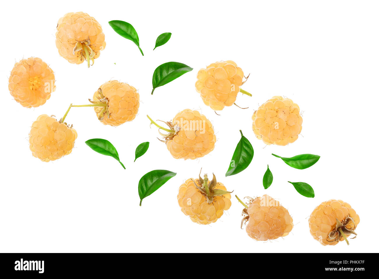 Yellow raspberries with leaf isolated on white background with copy ...