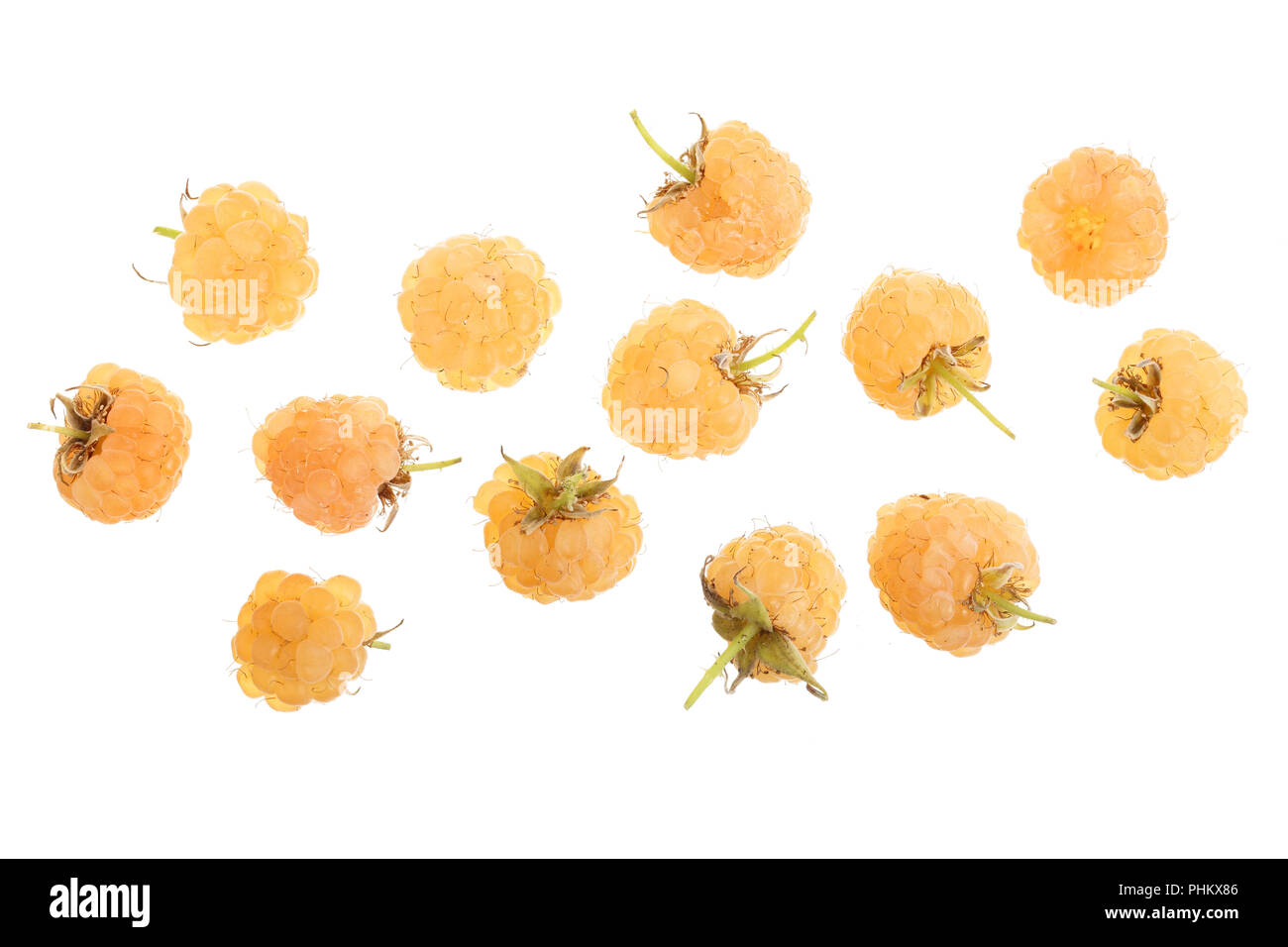 Yellow raspberries isolated on white background with copy space for ...