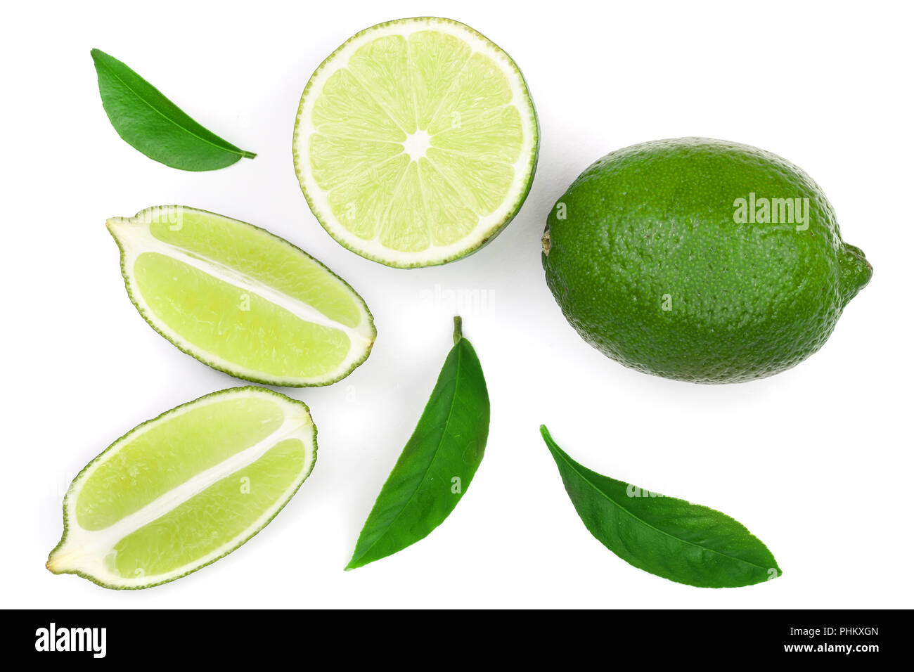 sliced lime with leaves isolated on white background. Top view. Flat ...
