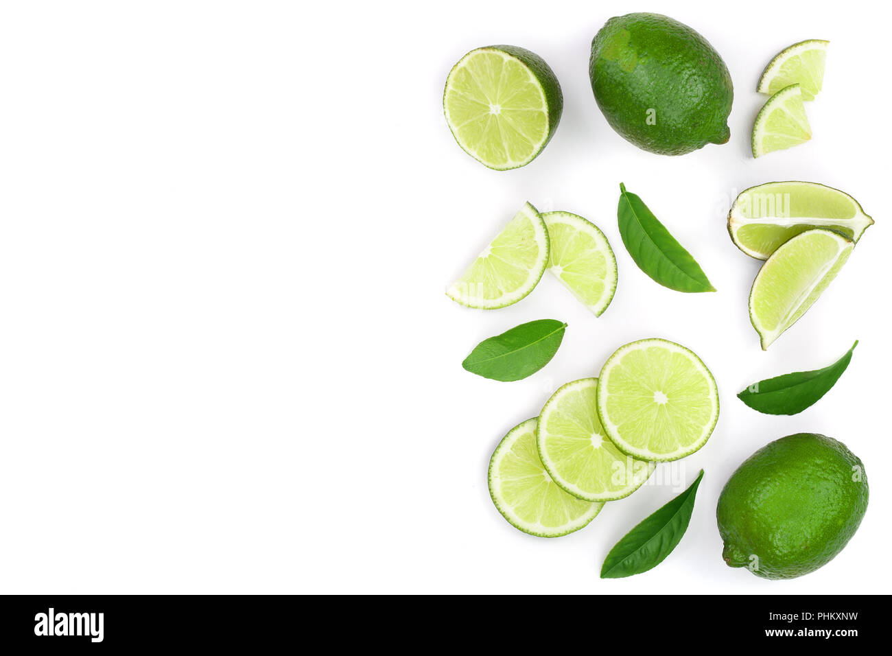 sliced lime with leaves isolated on white background with copy space ...