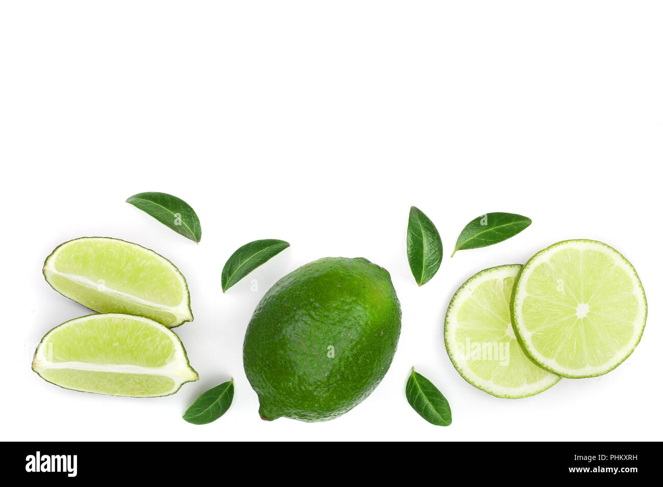 sliced lime with leaves isolated on white background with copy space ...