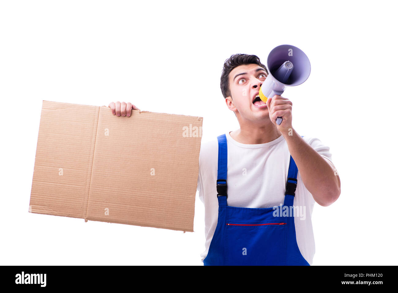 Angry construction supervisor yelling with loudspeaker Stock Photo - Alamy