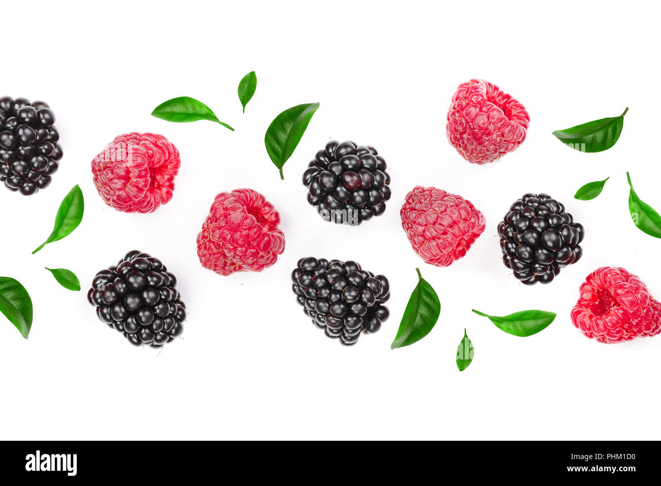 blackberry and raspberry with leaves isolated on white background with ...