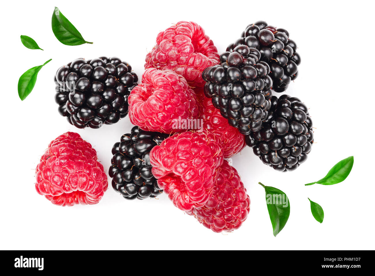 blackberry and raspberry with leaves isolated on white background. Top ...