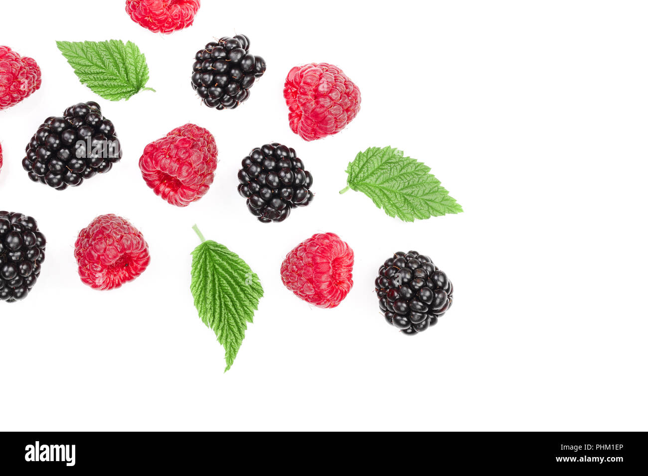 blackberry and raspberry with leaves isolated on white background with ...