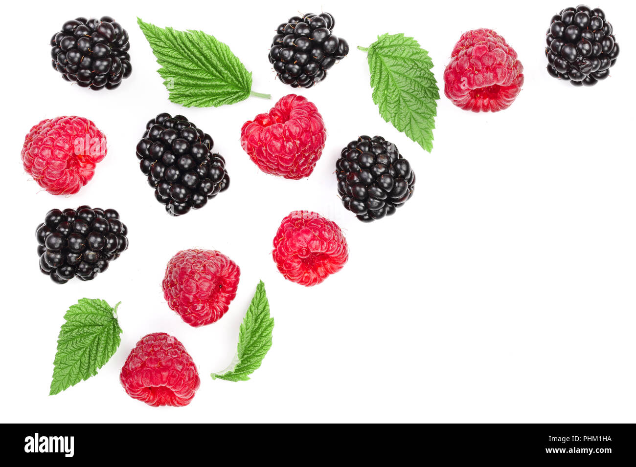 blackberry and raspberry with leaves isolated on white background with ...