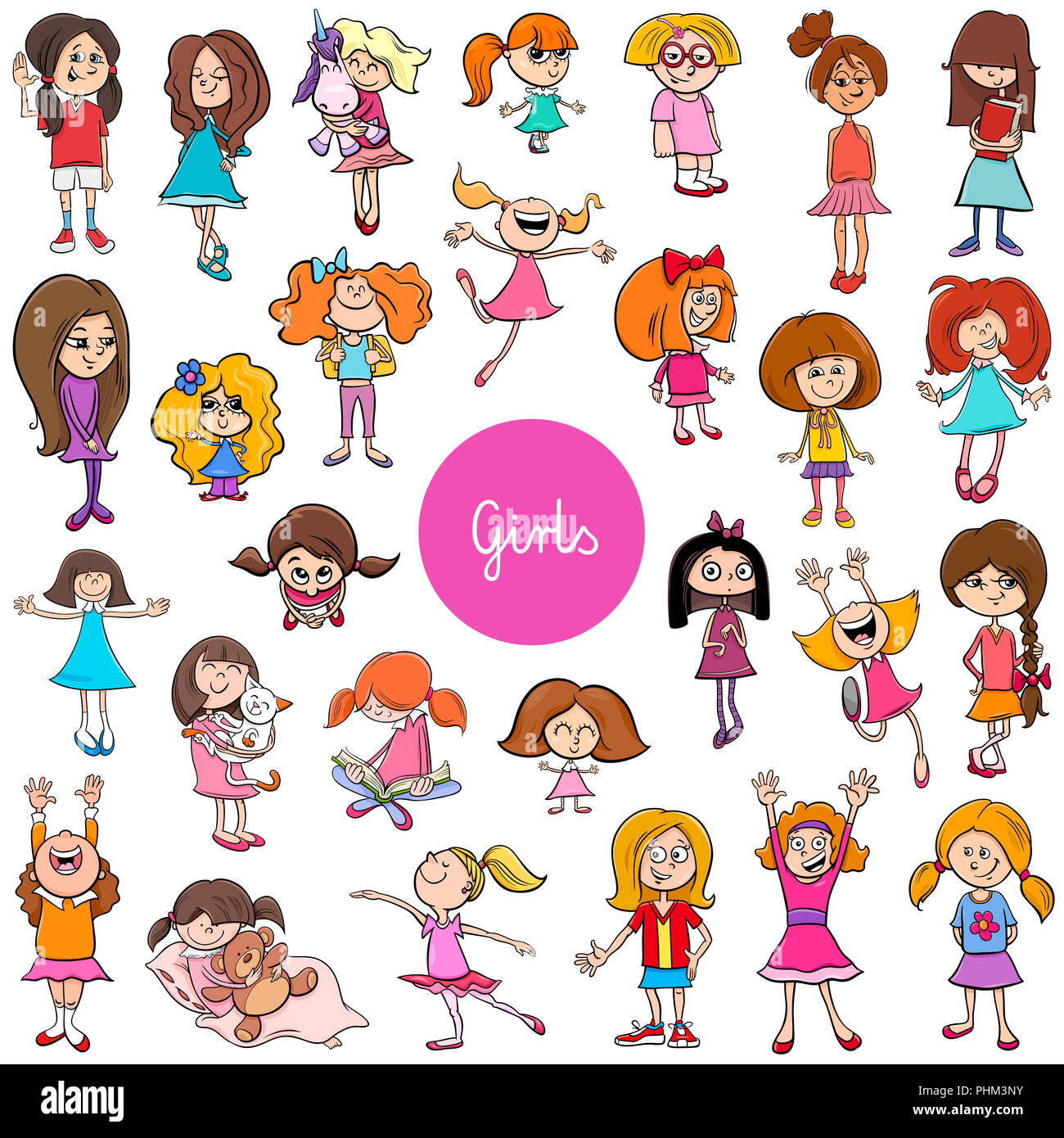 cartoon kid girls characters big set Stock Photo - Alamy