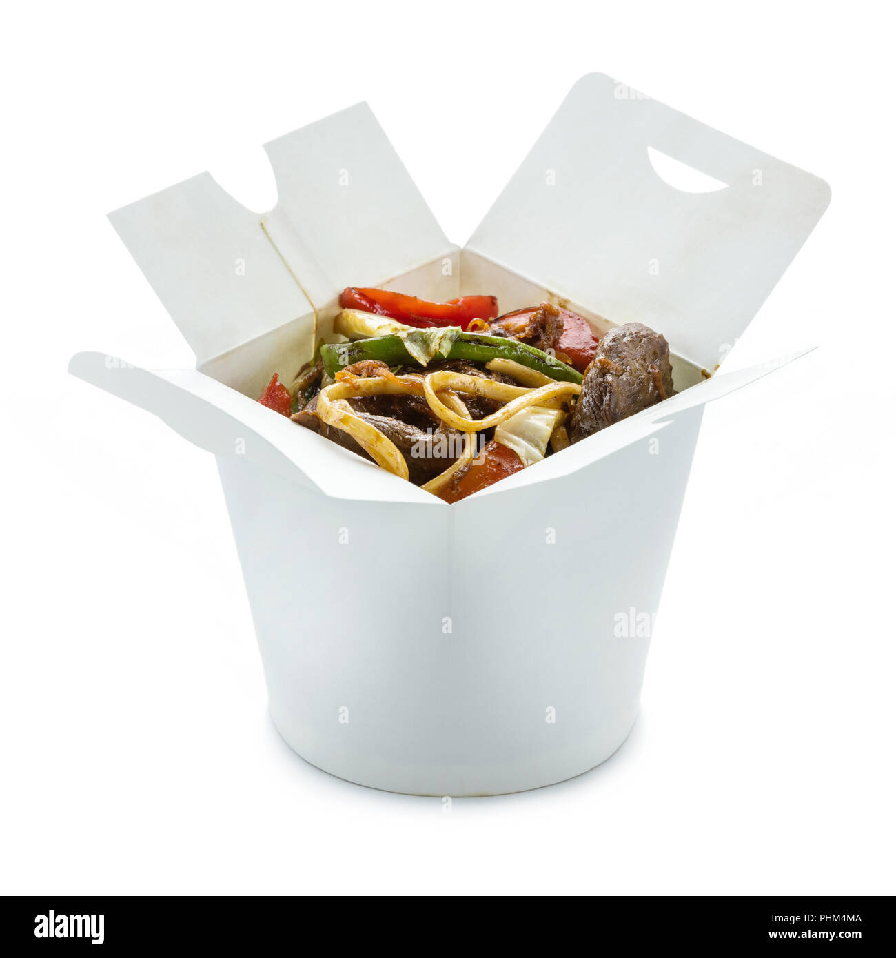 Ramen noodles with duck and vegetables in take-out box over white ...