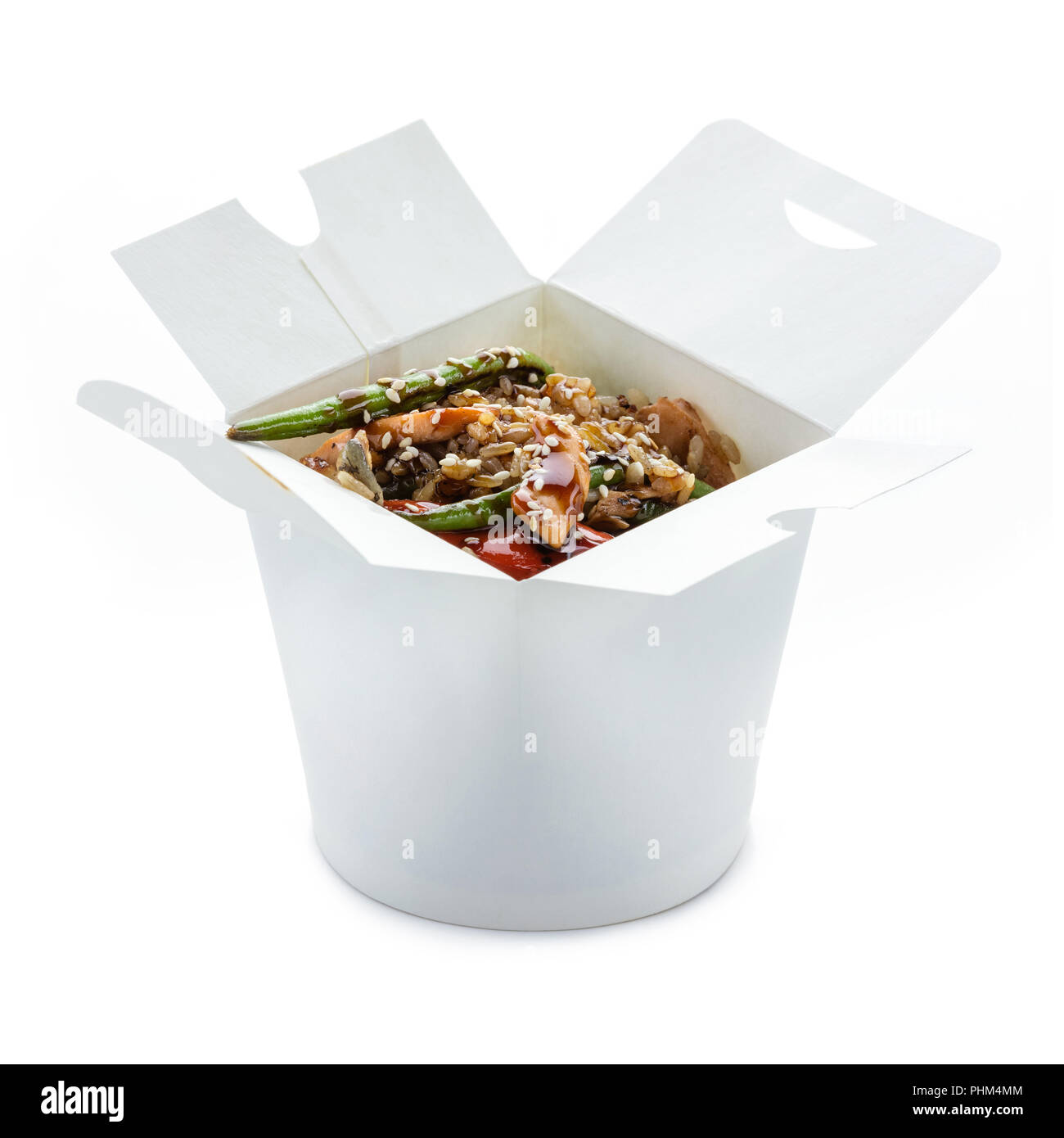 Wok rice with eel and salmon in paper box over white background. With ...