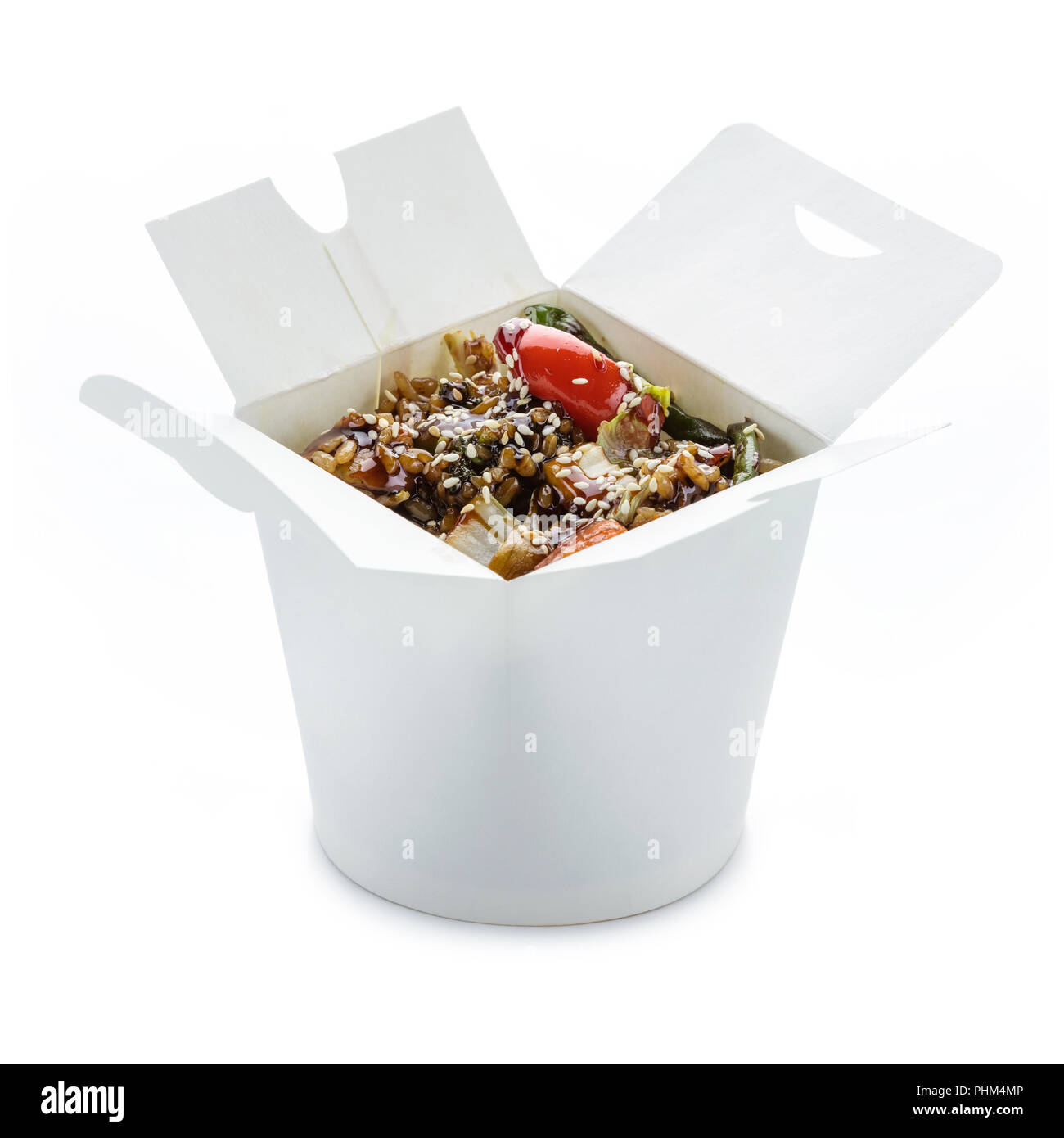 Wok rice with eel and salmon in paper box over white background. With ...