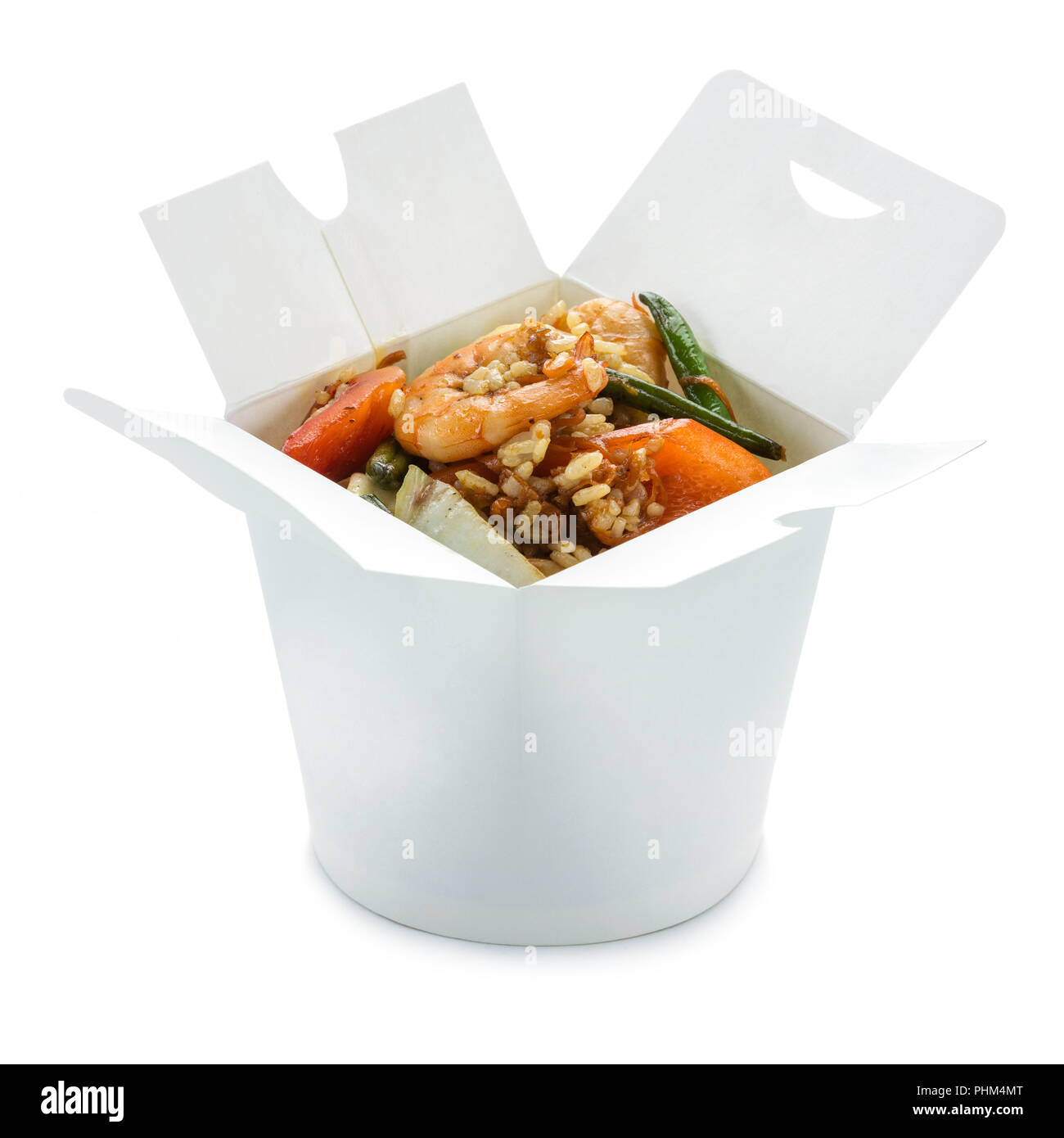 Wok rice with shrimps in take-out paper box over white background. With ...
