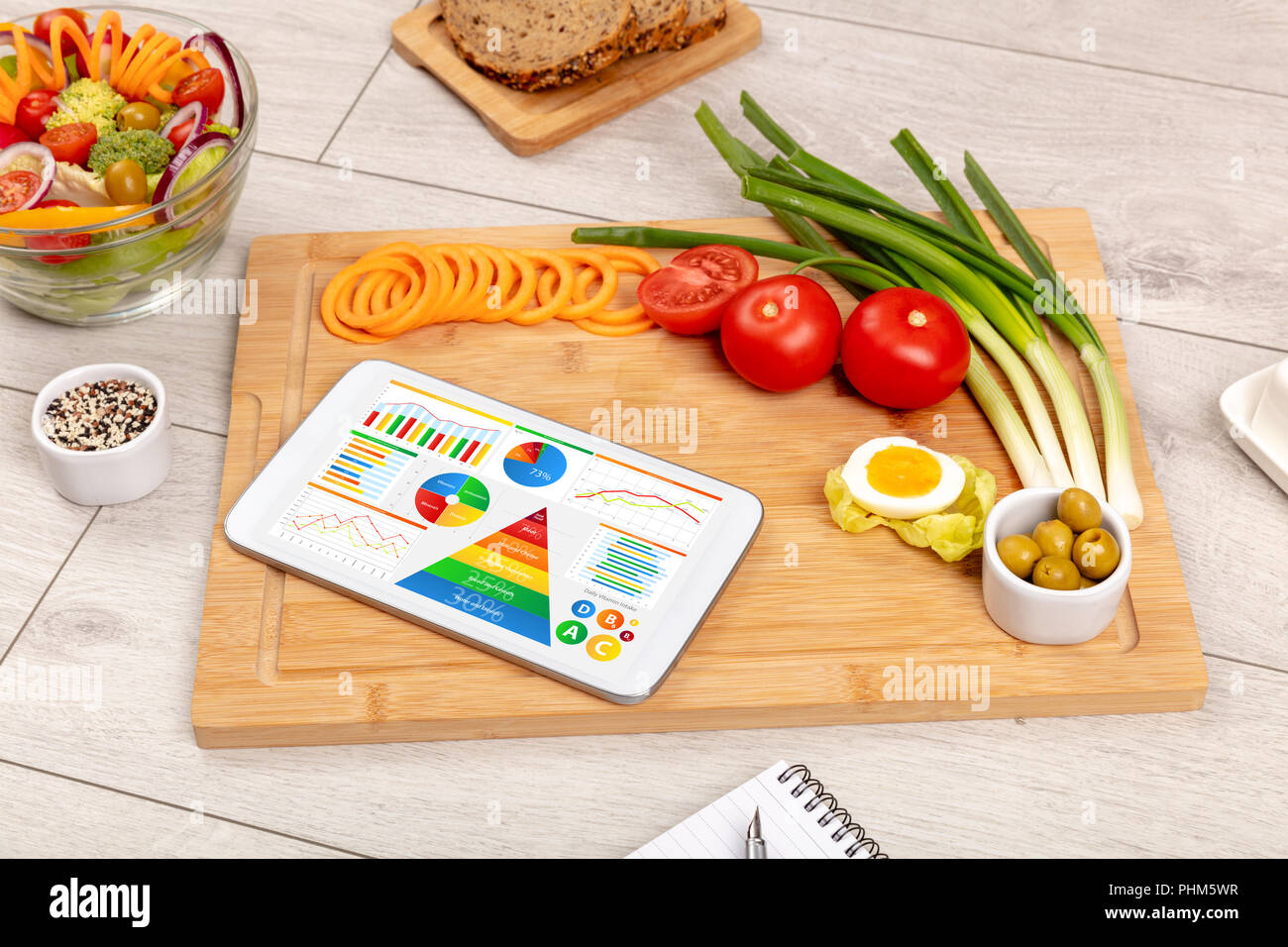 healthy eating concept - close up of tablet with several dieting ...