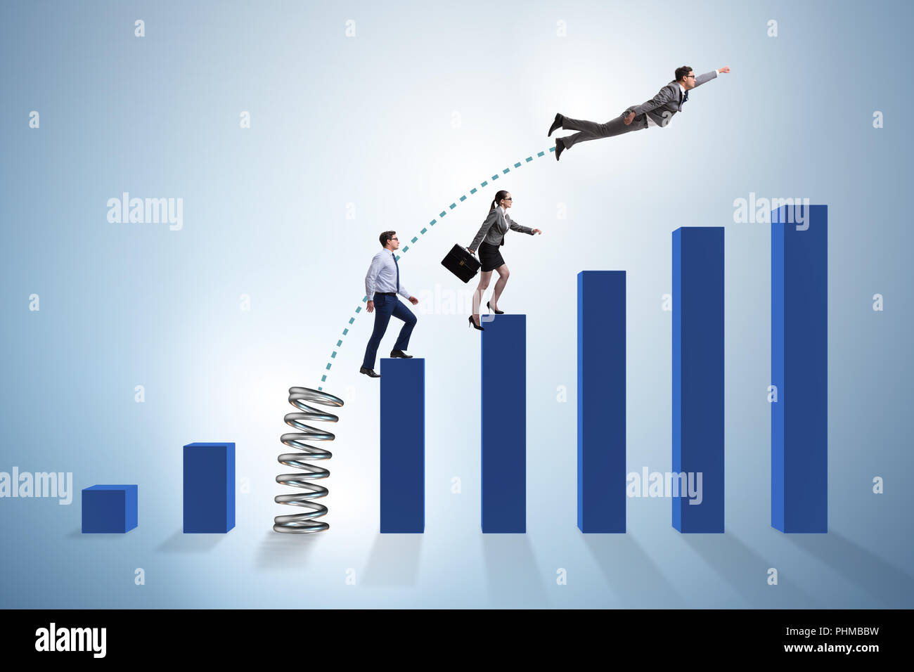 Business people jumping over bar charts Stock Photo - Alamy
