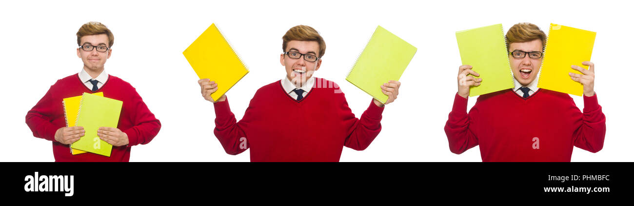 Student with paper isolated on white Stock Photo - Alamy