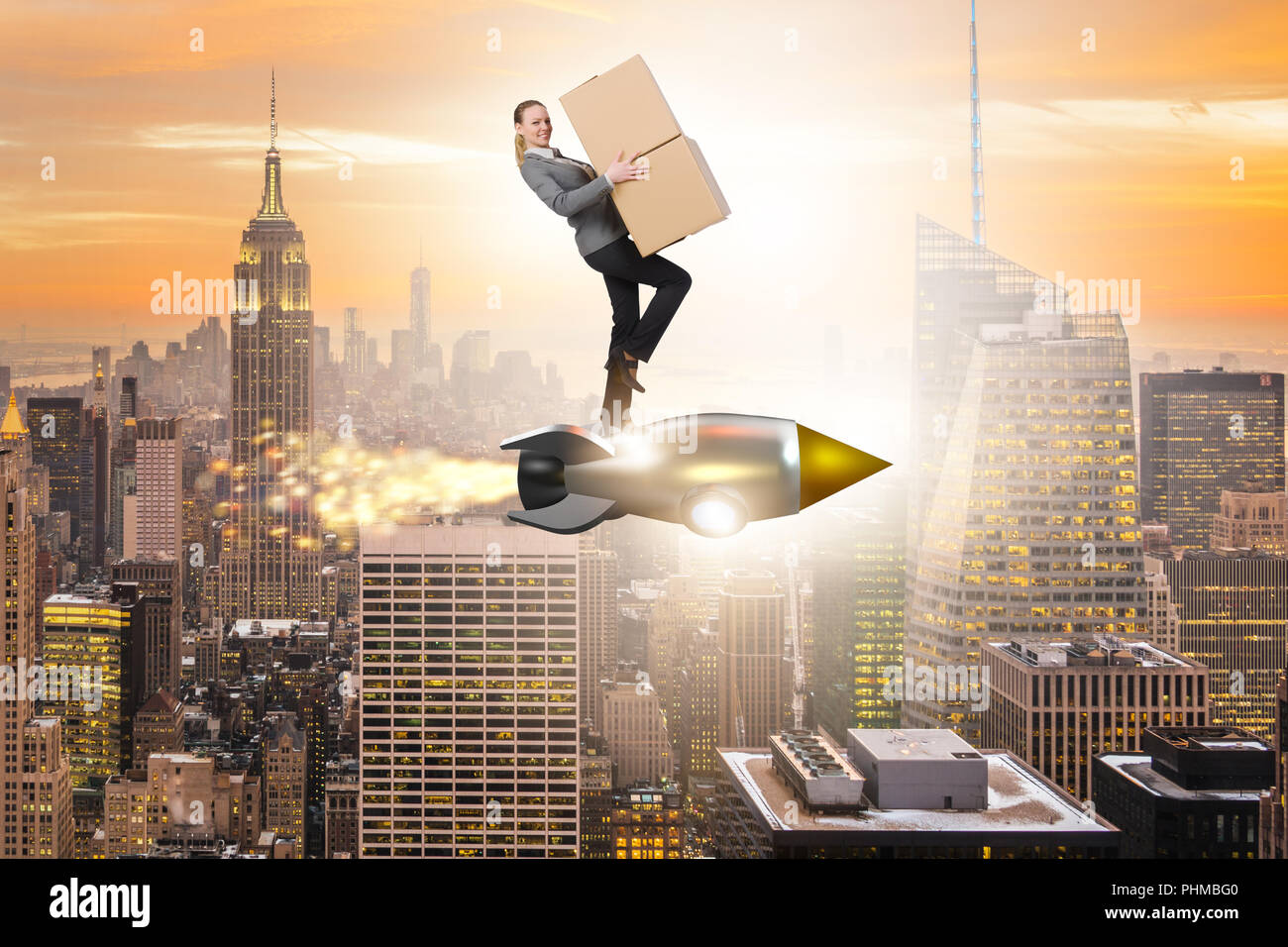 Woman flying rocket and delivering boxes Stock Photo - Alamy