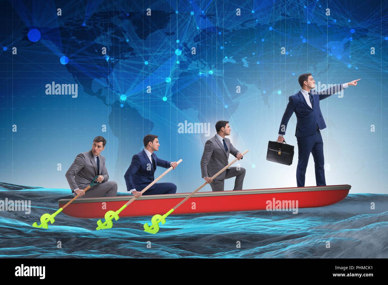 Team of businessmen in teamwork concept with boat Stock Photo - Alamy