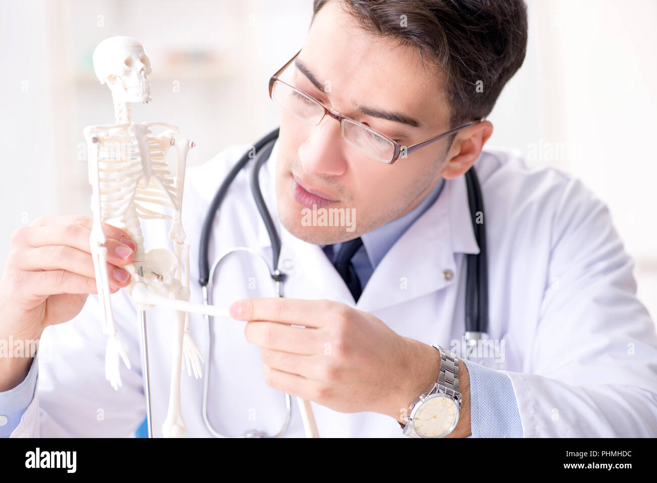 Doctor explaining human body on skeleton Stock Photo - Alamy