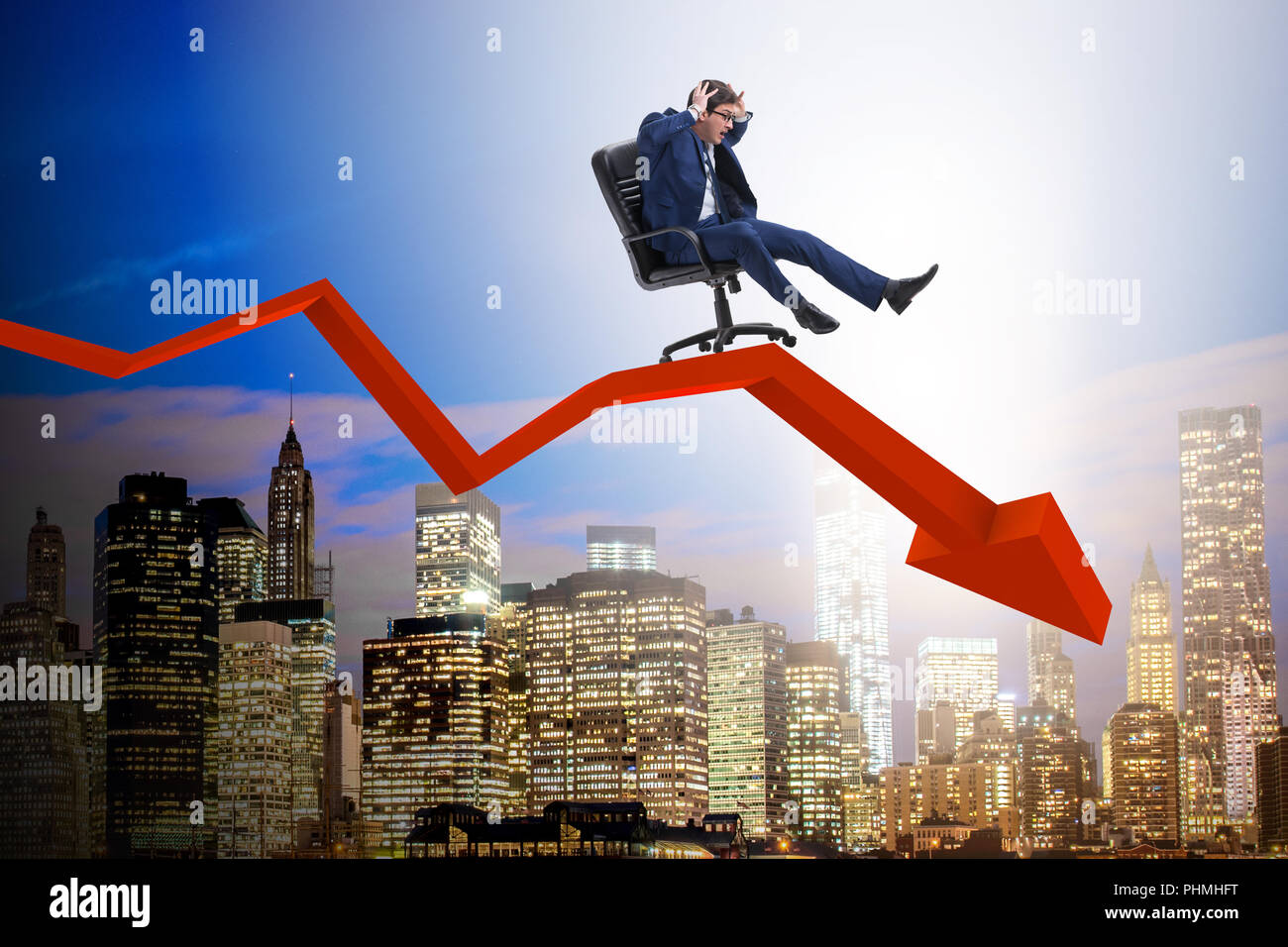 Businessman sliding down on chair in economic crisis concept Stock ...