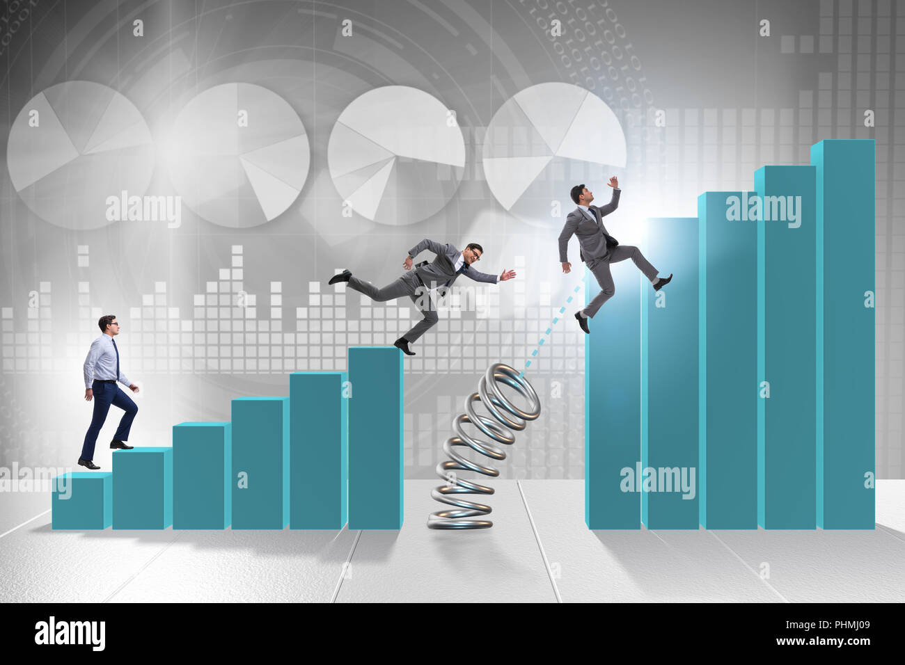 Business people jumping over bar charts Stock Photo - Alamy