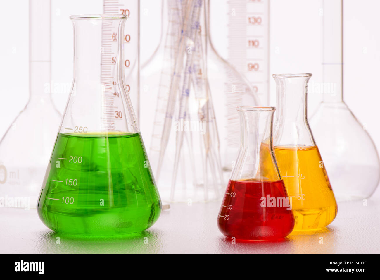 Scientific experiment in chemistry laboratory with liquid in test tubes ...