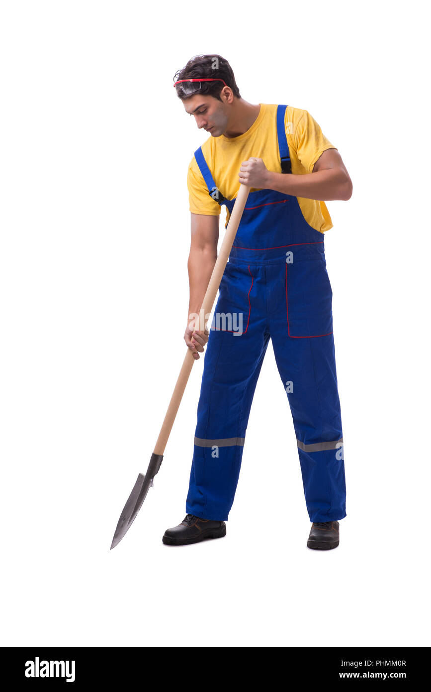 Contractor in blue coveralls with spade on white background Stock Photo ...
