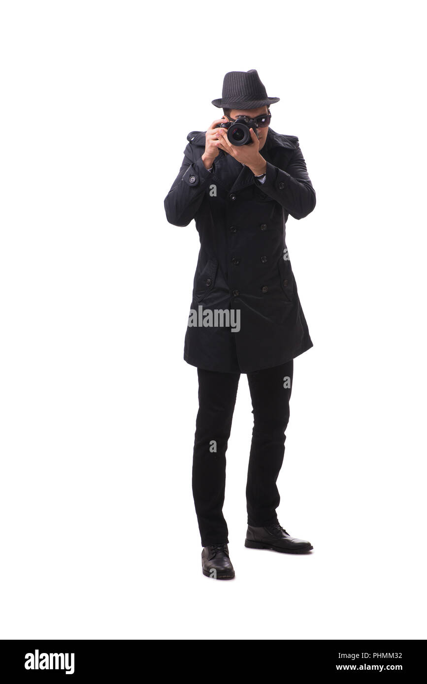 Spy with camera taking pictures isolated on white Stock Photo - Alamy