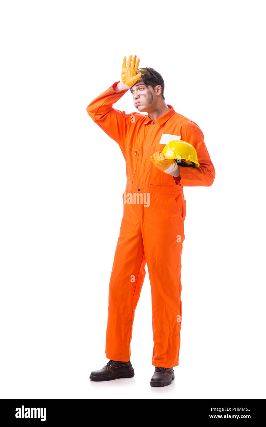 Contractor employee wearing coveralls isolated on white Stock Photo - Alamy