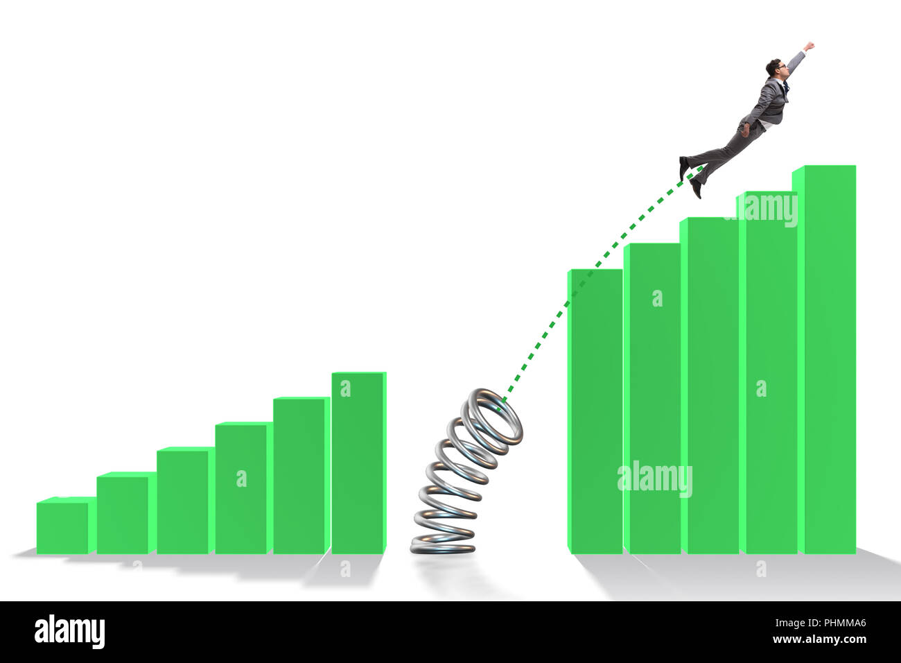 Business people jumping over bar charts Stock Photo - Alamy
