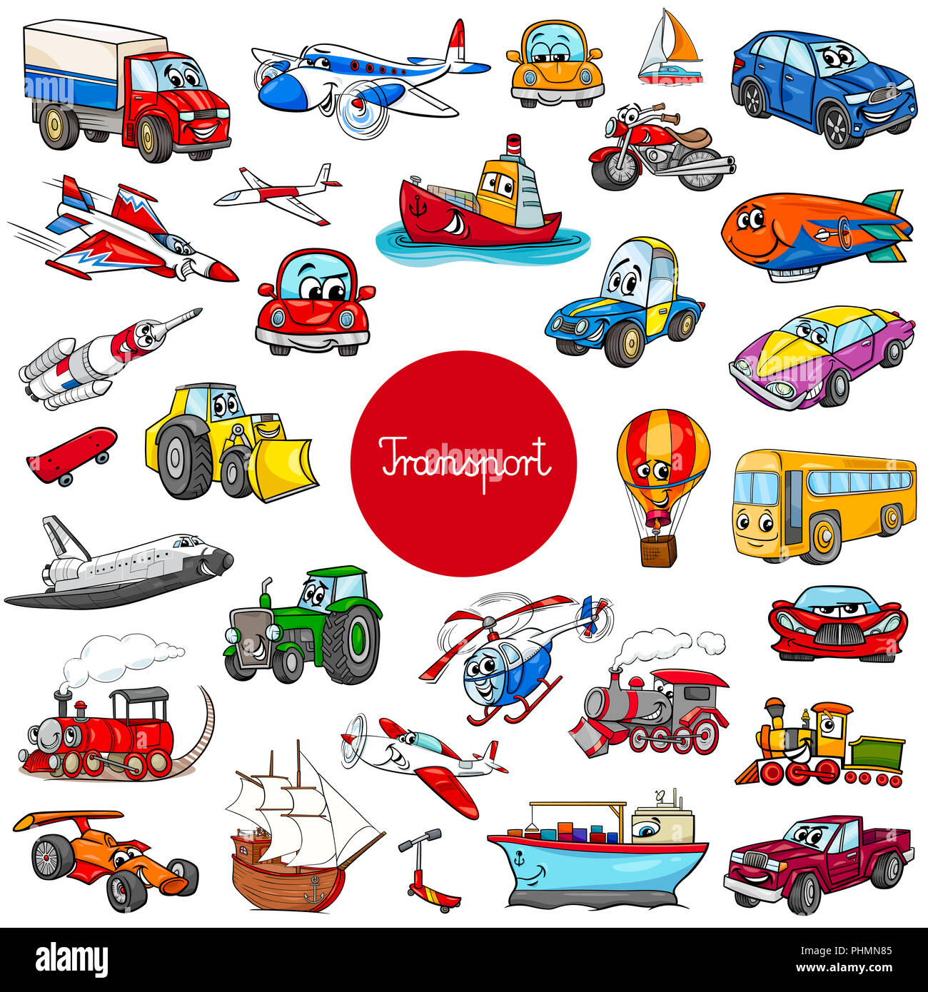 cartoon transportation vehicle characters big set Stock Photo - Alamy