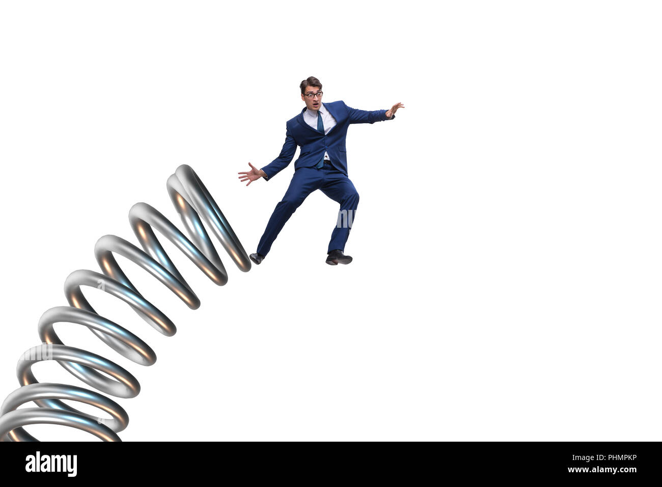 Businessman jumping from spring in promotion concept Stock Photo - Alamy