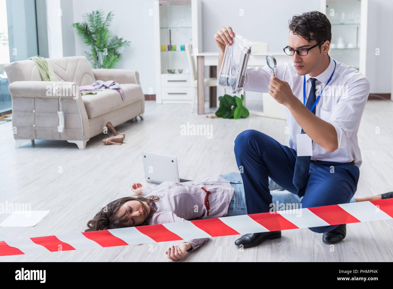 Forensic Investigator At The Crime Scene Investigating Woman Mur Stock