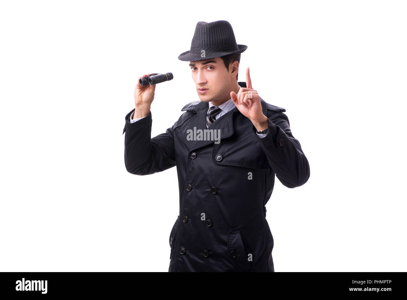 Spy with binoculars isolated on white background Stock Photo - Alamy