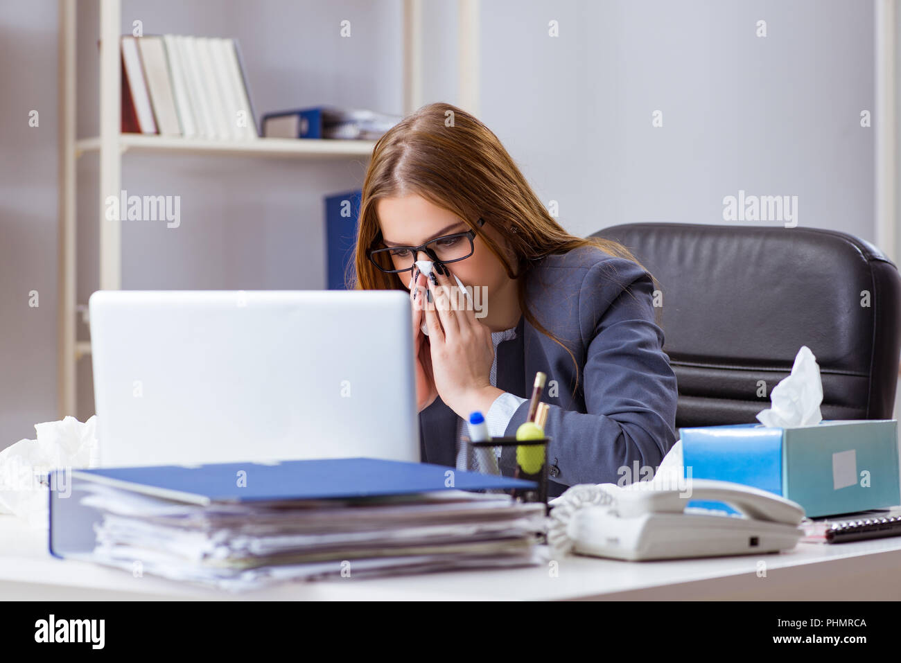 Businesswoman employee sick in the office Stock Photo - Alamy