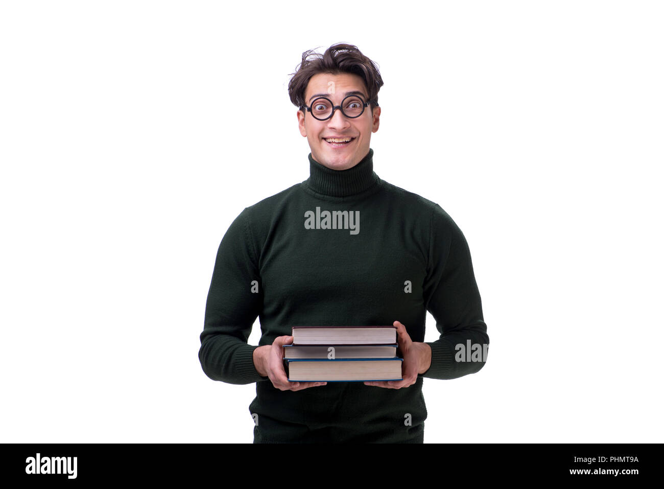 Nerd young student with books isolated on white Stock Photo - Alamy