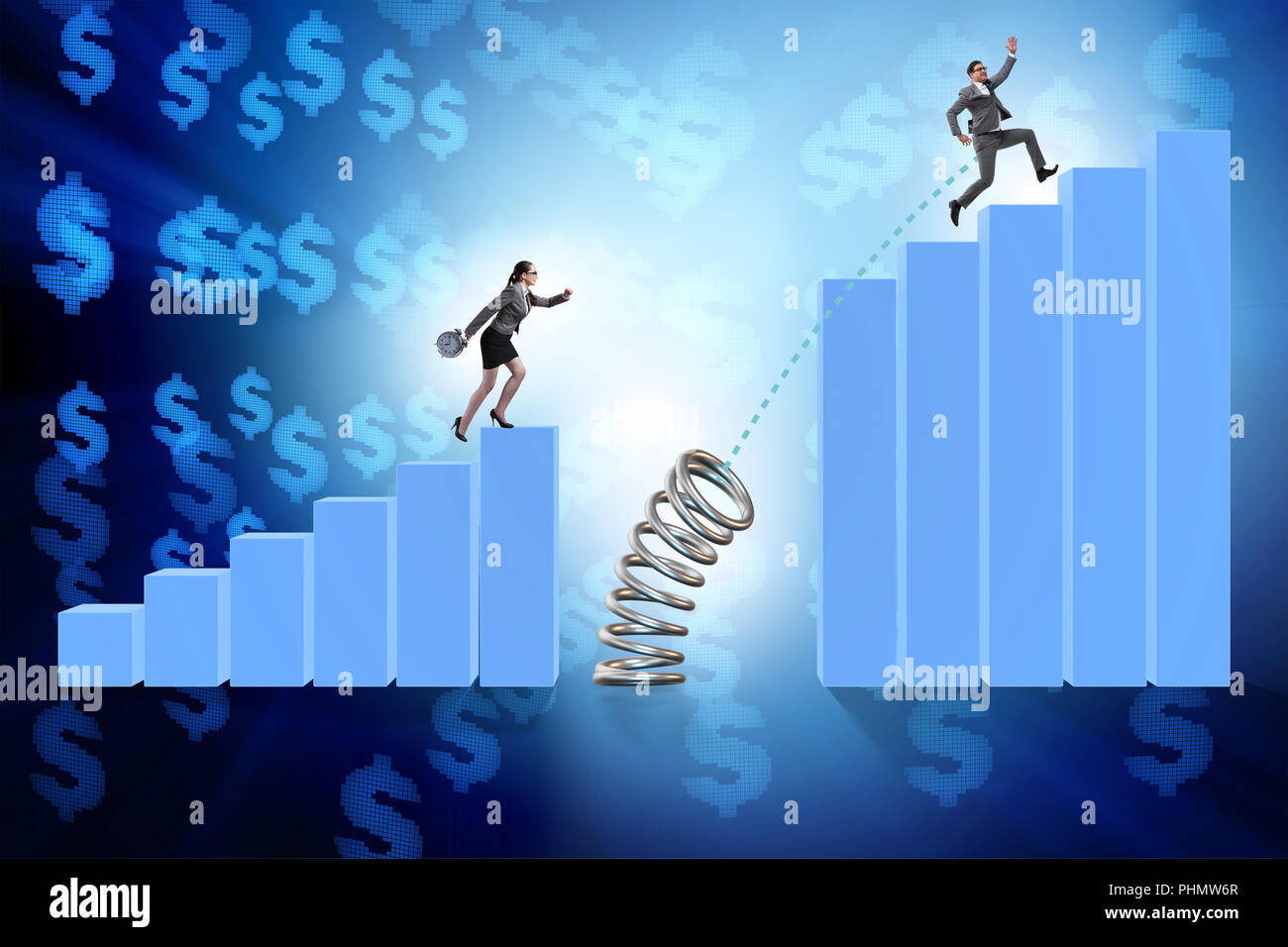 Business people jumping over bar charts Stock Photo - Alamy