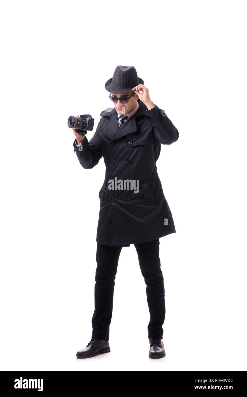 Spy with camera taking pictures isolated on white Stock Photo - Alamy