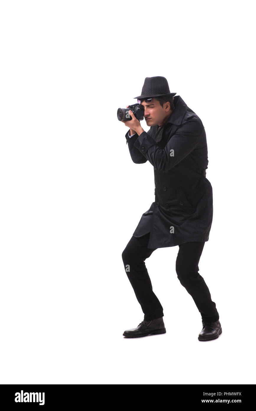 Spy with camera taking pictures isolated on white Stock Photo - Alamy