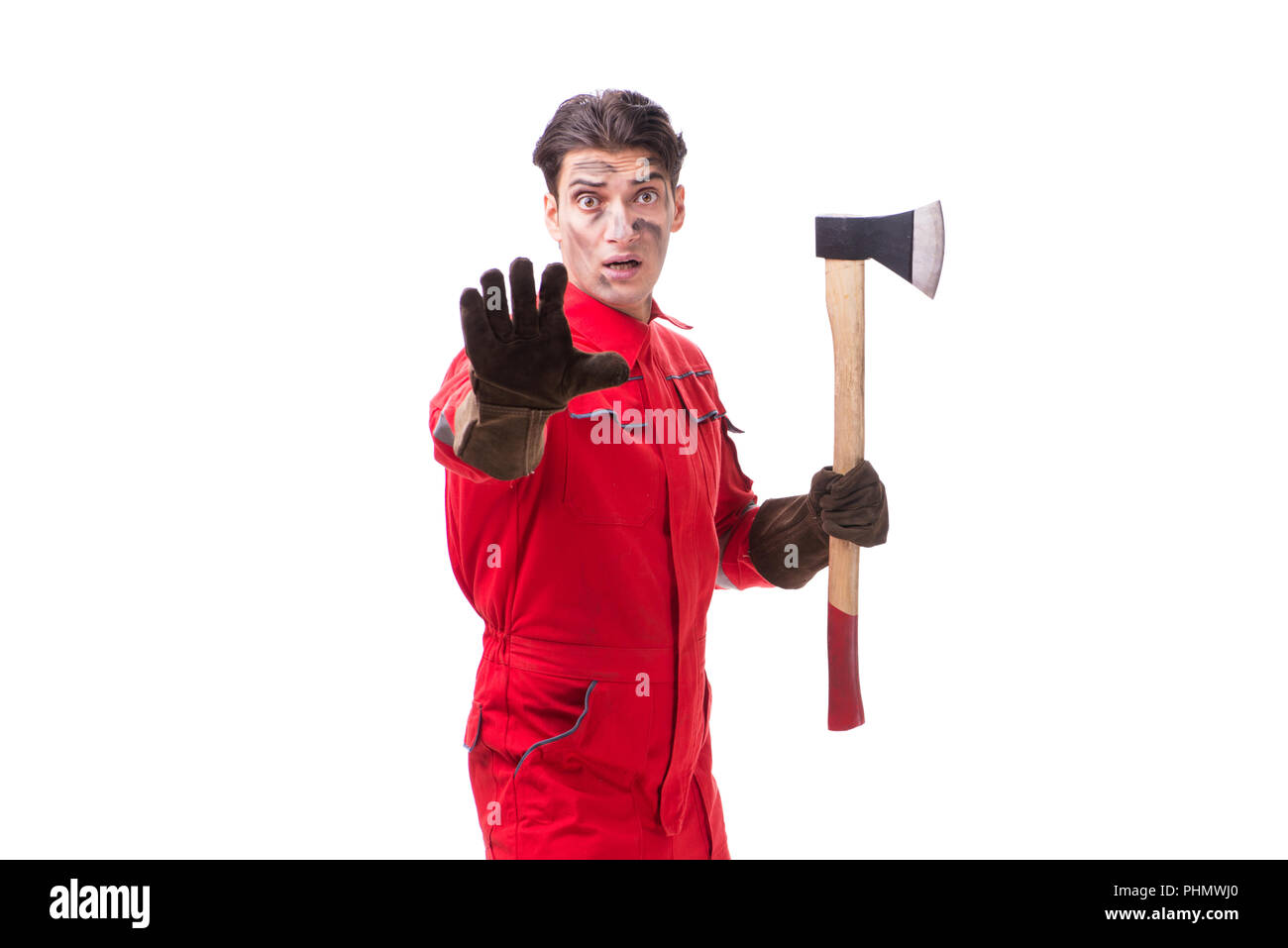 Contractor employee with axe on white background Stock Photo - Alamy