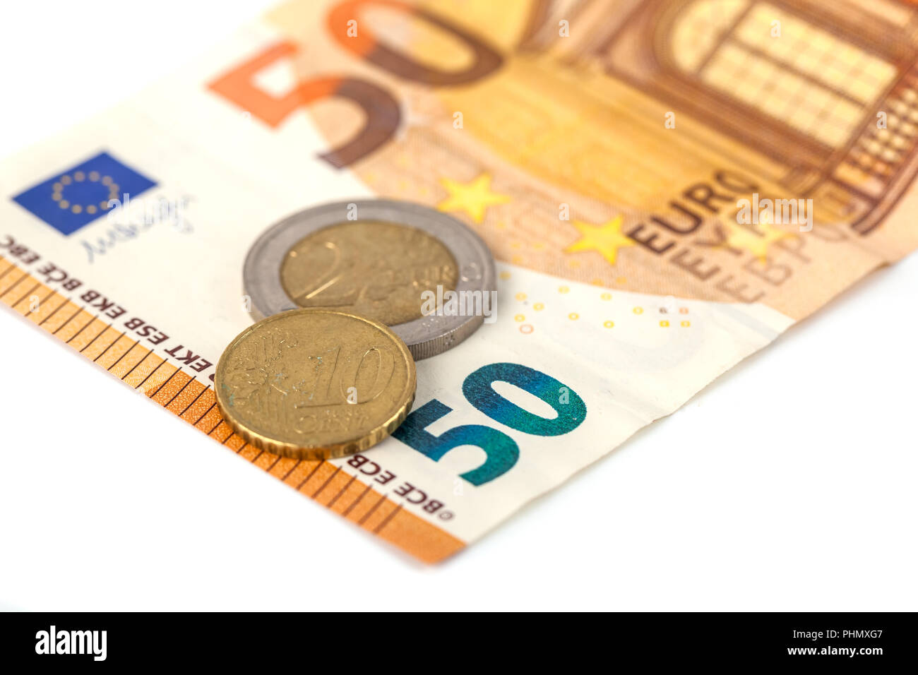 Stack of Euro banknotes and coins isolated. 50 Euro banknot Stock Photo ...