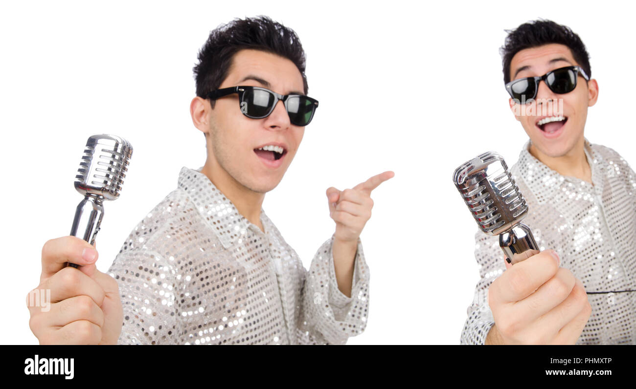Man with mic isolated on white Stock Photo - Alamy