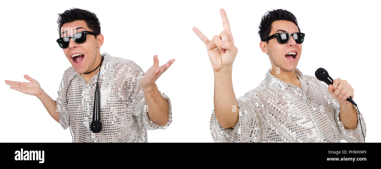 Man with mic isolated on white Stock Photo - Alamy