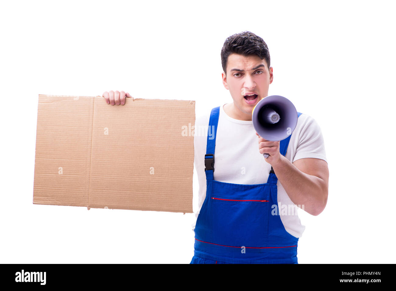 Angry construction supervisor yelling with loudspeaker Stock Photo - Alamy
