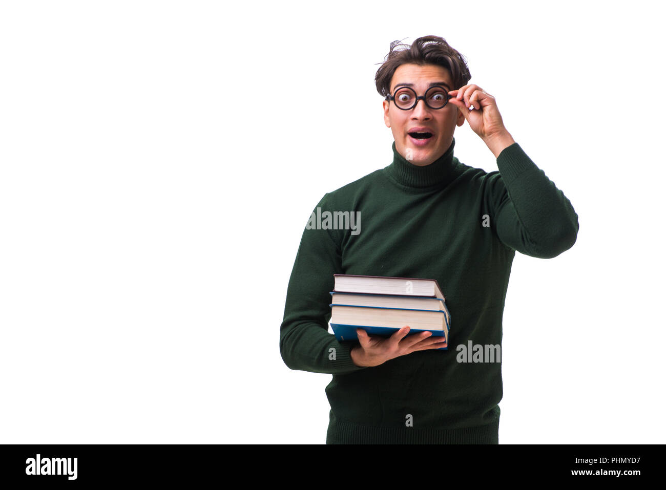 Nerd young student with books isolated on white Stock Photo - Alamy